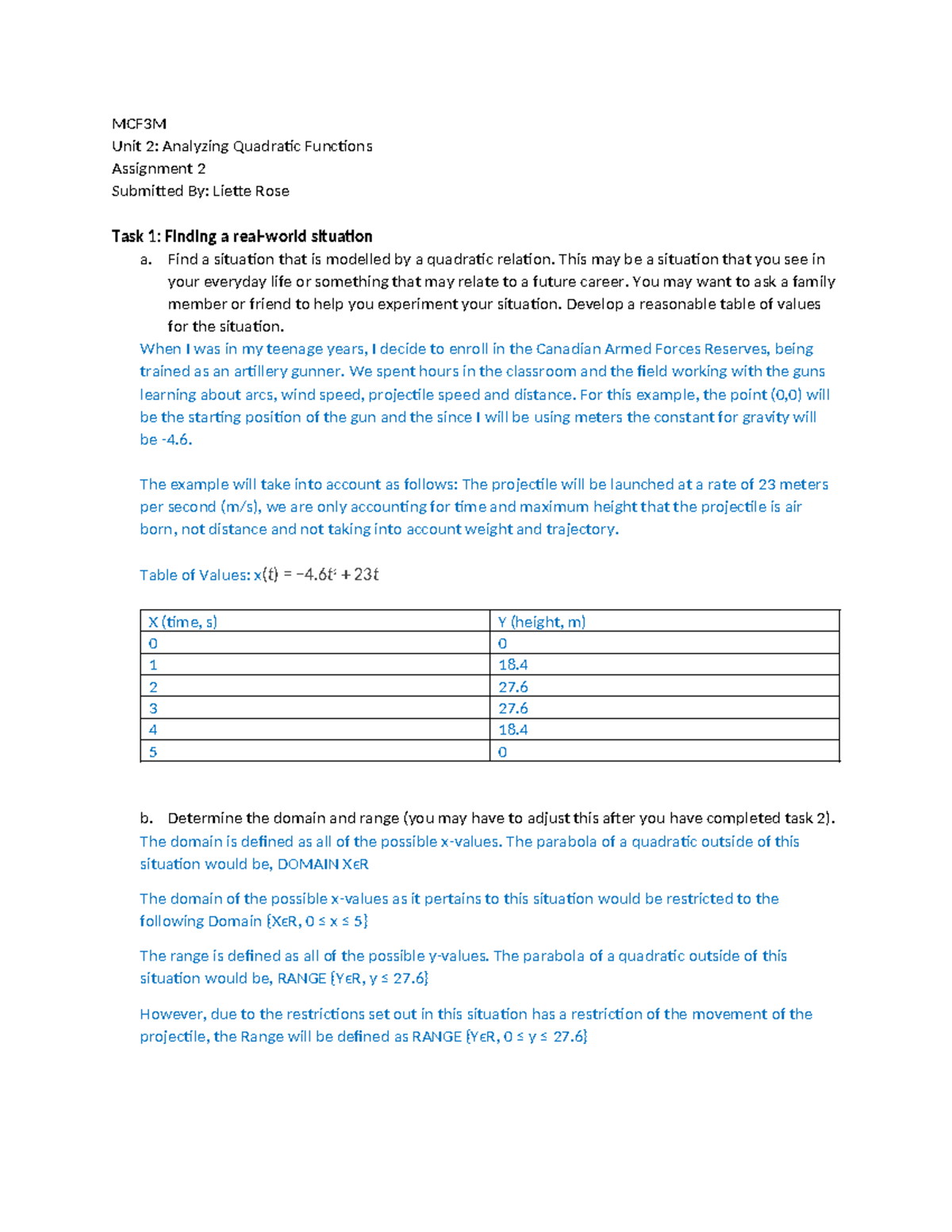 MCF3M Assignment 2: Analyzing Quadratic Functions in Real Life - Studocu