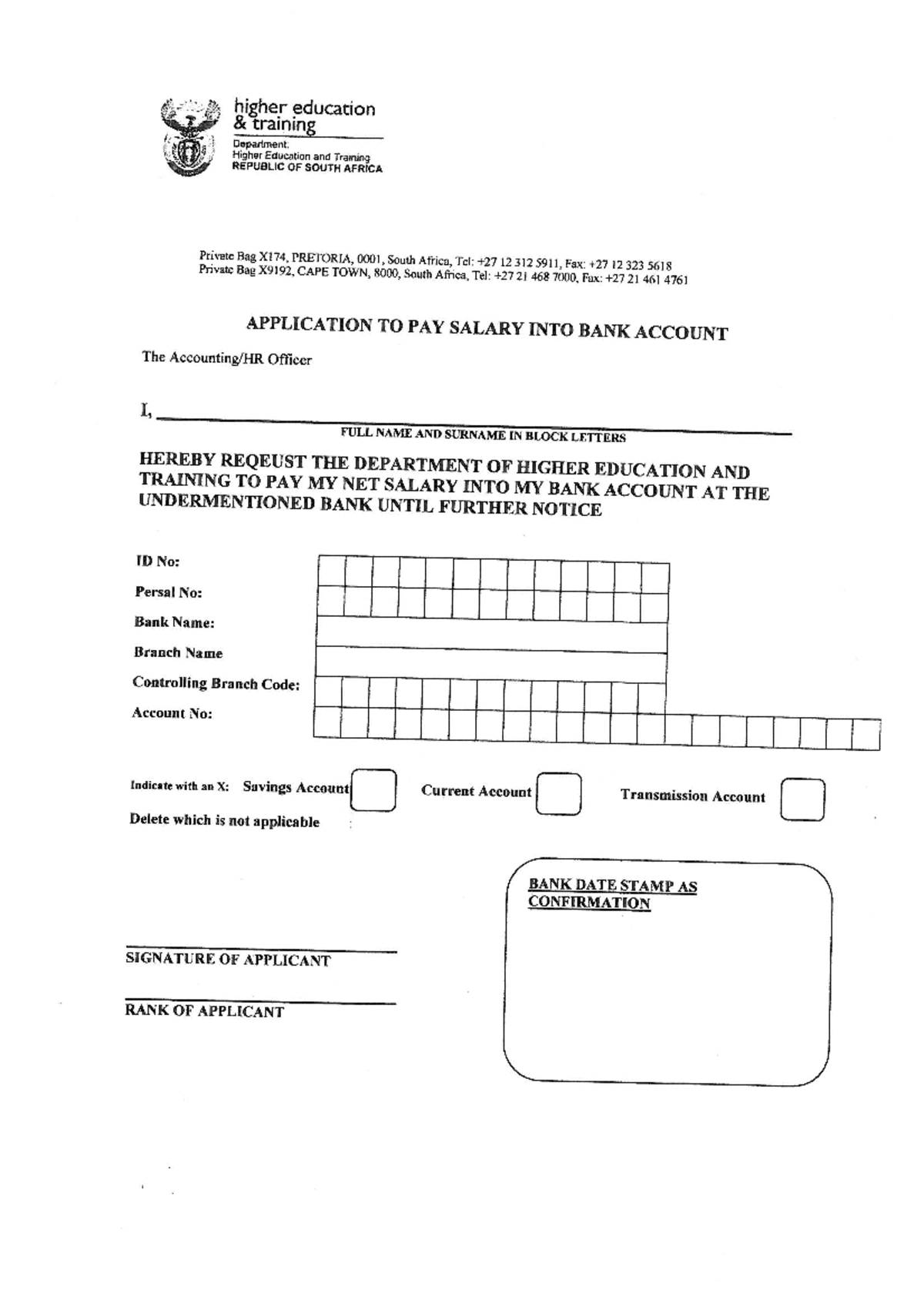 Application to Pay Salary into Bank Account - Law Form - Studocu