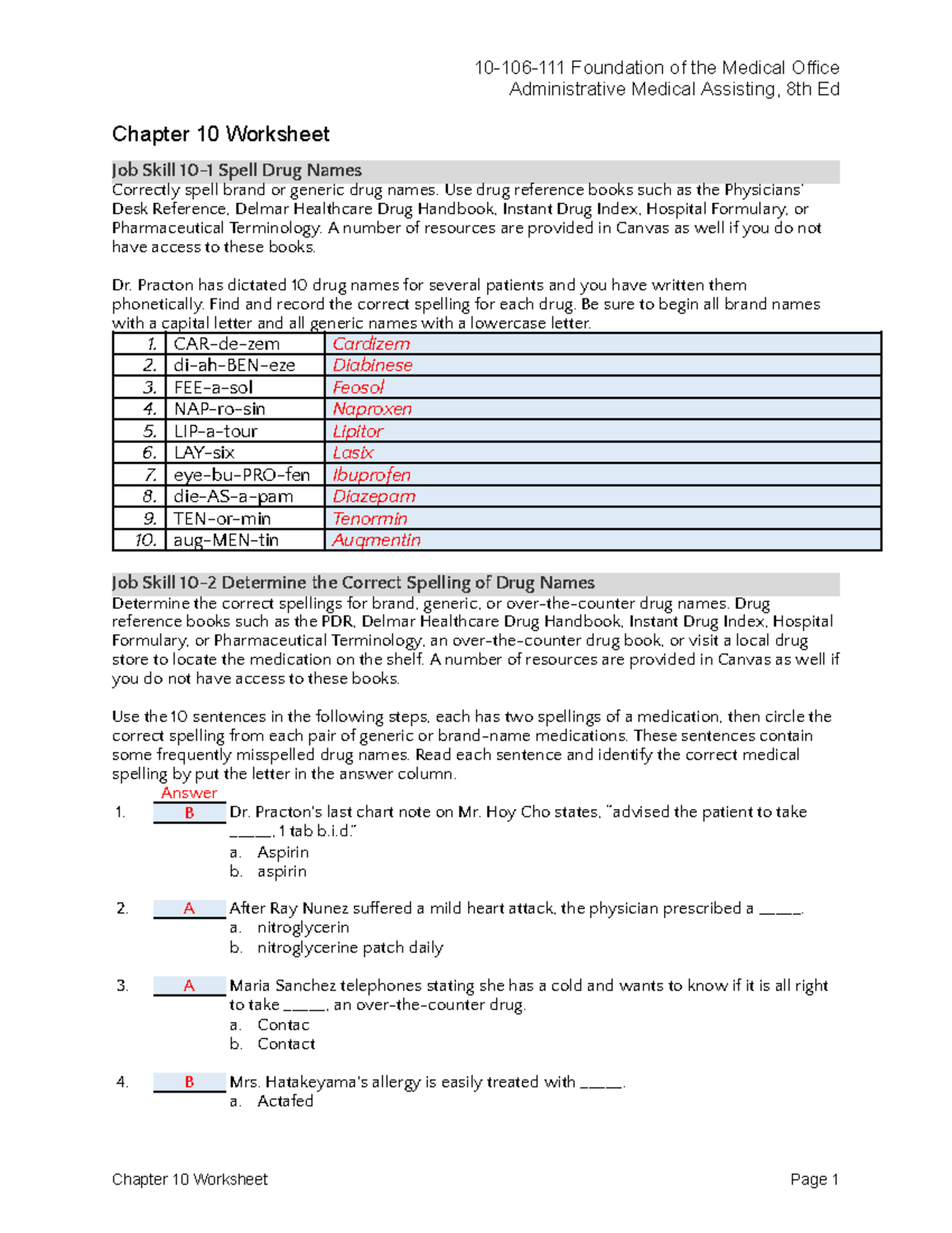 Copy of Chapter 10 Worksheet - 10-106-111 Foundation of the Medical ...