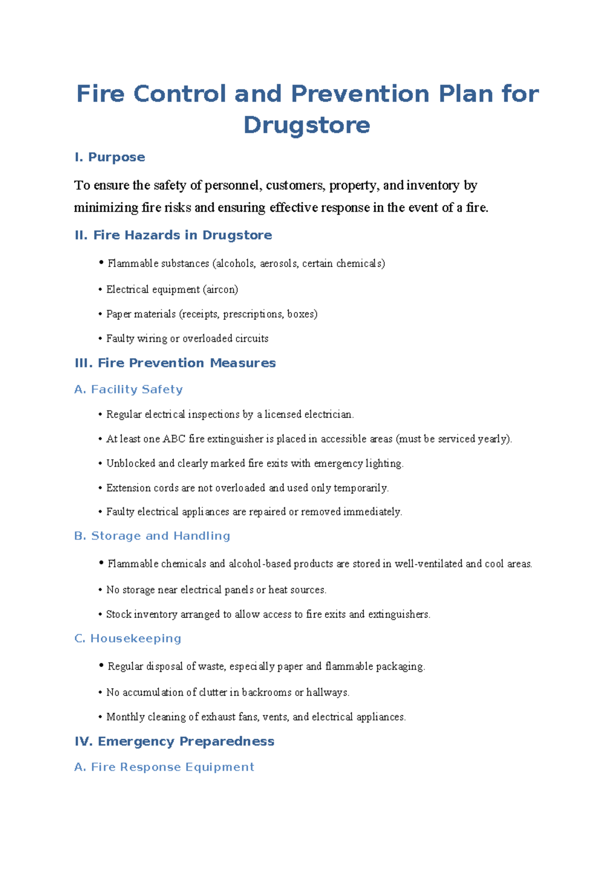 Fire Control & Prevention Plan for Drugstore I: Safety Measures - Studocu