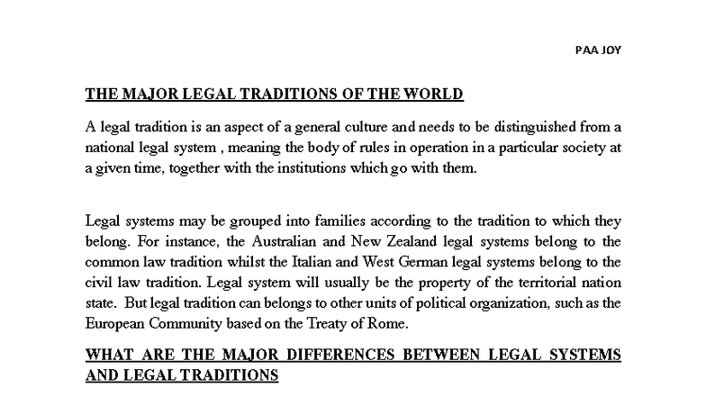 PAA JOY LEGAL TRADITIONS AND SYSTEMS: A COMPARATIVE STUDY - Studocu