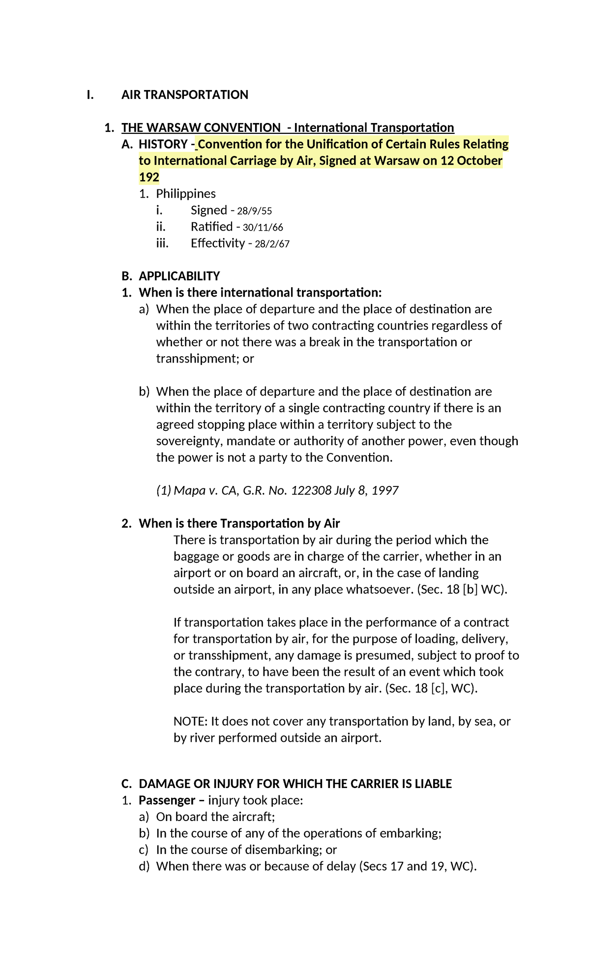 AIR Transportation - I. AIR TRANSPORTATION THE WARSAW CONVENTION ...