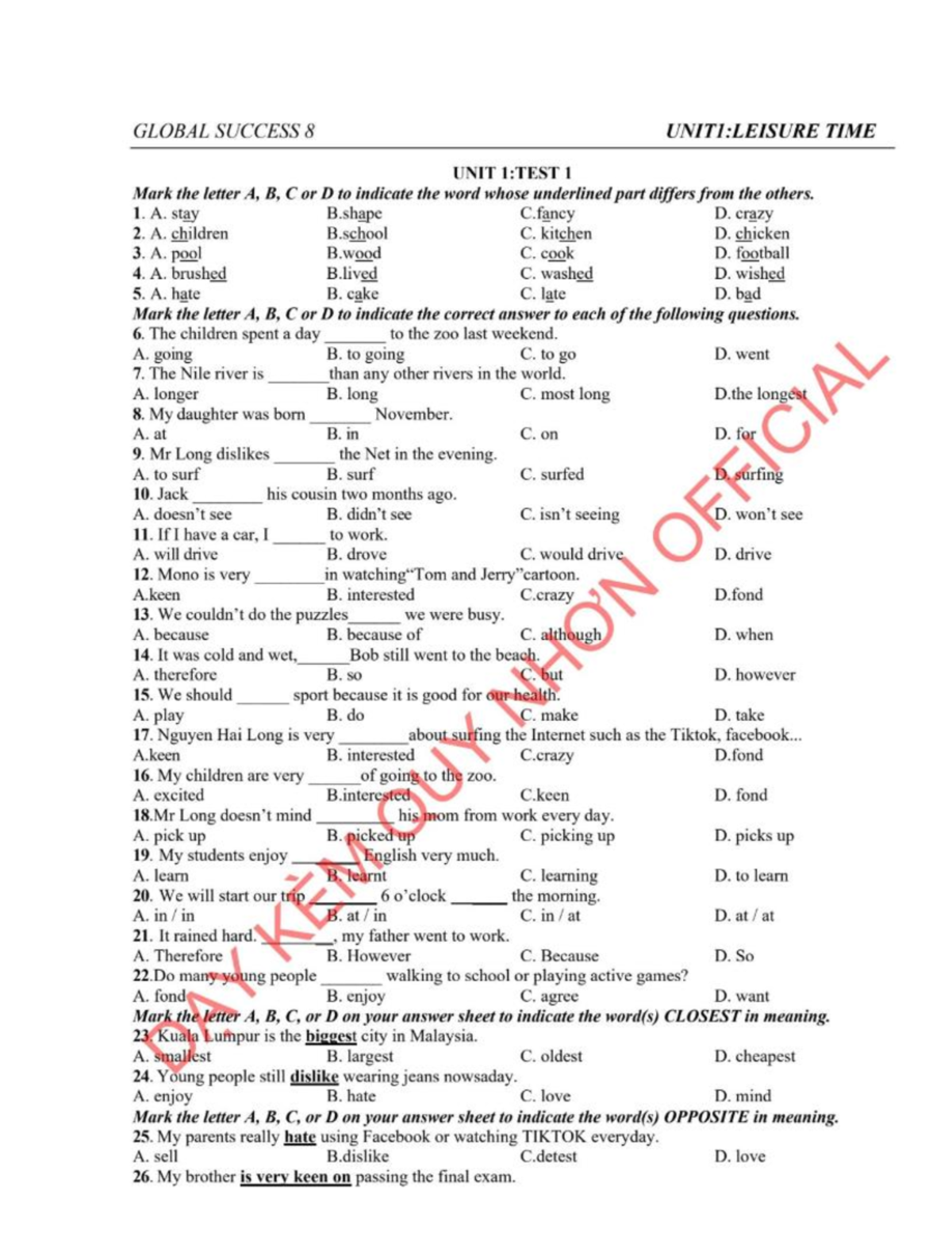 Ta - Buddjmdmfmf - GLOBAL SUCCESS 8 UNITI:LEISURE TIME UNIT TEST 1 Mark ...