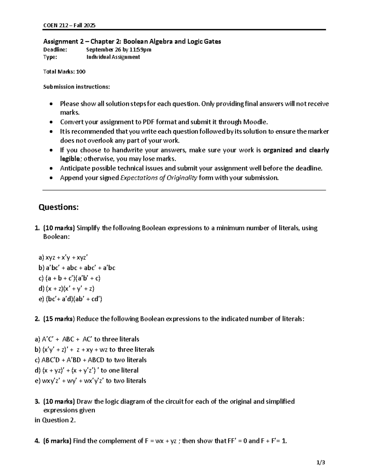 COEN 212 Fall 2025 Assignment 2: Boolean Algebra & Logic Gates - Studocu