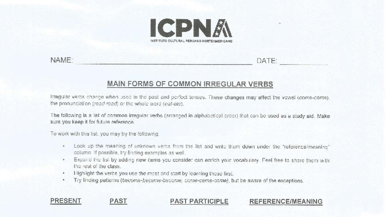 ICPN Irregular Verbs Study Guide: Common Forms & Usage - Studocu