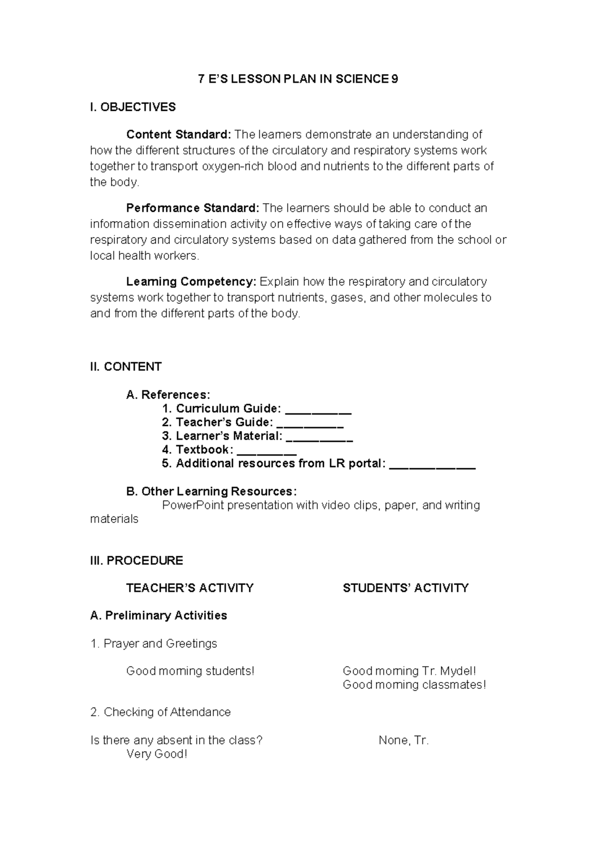 Science 9 Detailed Lesson Plan: Exploring Circulatory & Respiratory ...