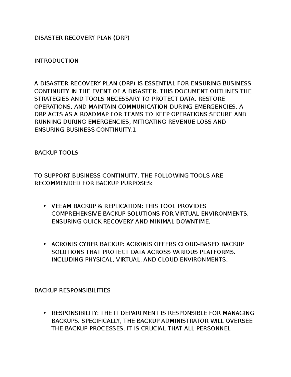Disaster Recovery Plan (DRP) Overview - Week 5 Insights - Studocu