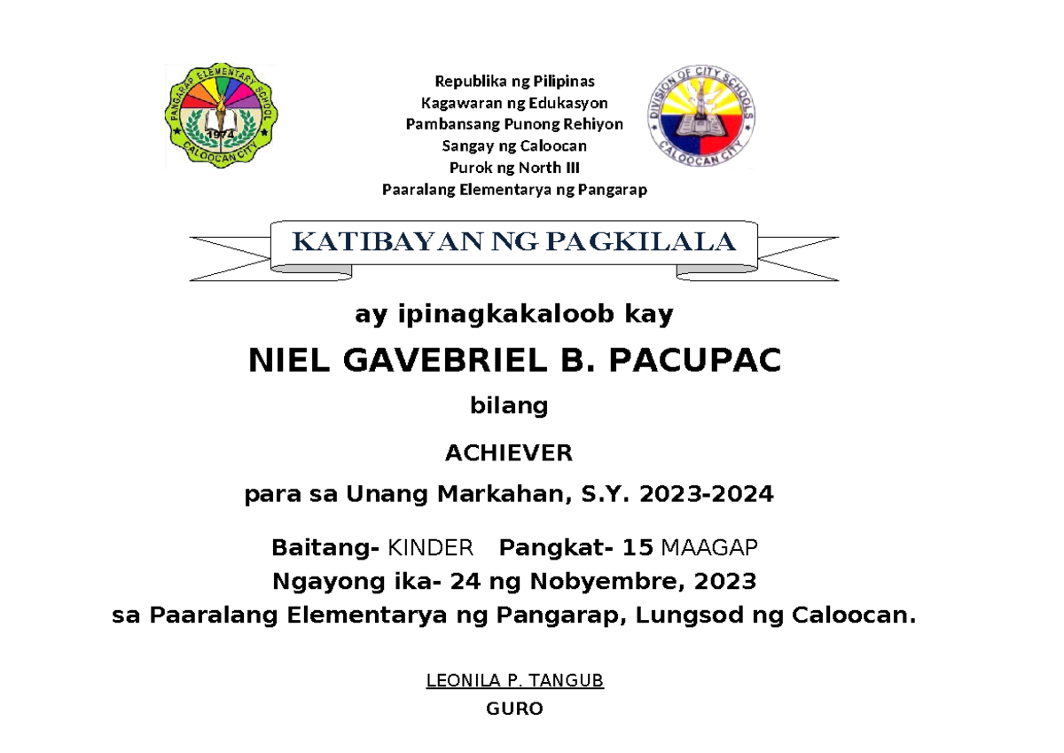 KATIBAYAN NG PAGKILALA: Achievers ng Unang Markahan, S.Y. Kinder - Studocu