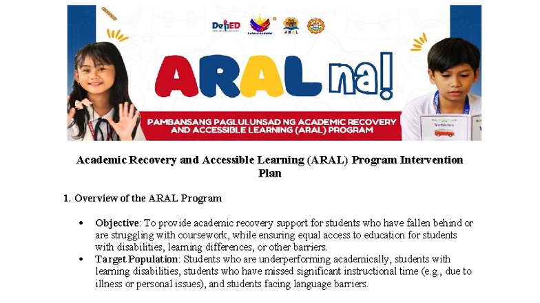 ARAL Program Intervention Plan: Academic Recovery Strategies - Studocu