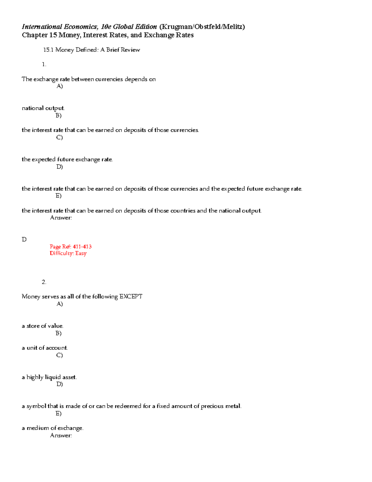 International Economics 10e: Test Bank for Chapter 15 (MCQs) - Studocu
