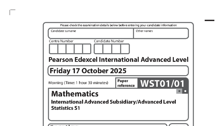 October 2025 IAL Mathematics S1 Exam Paper - Candidate Instructions ...
