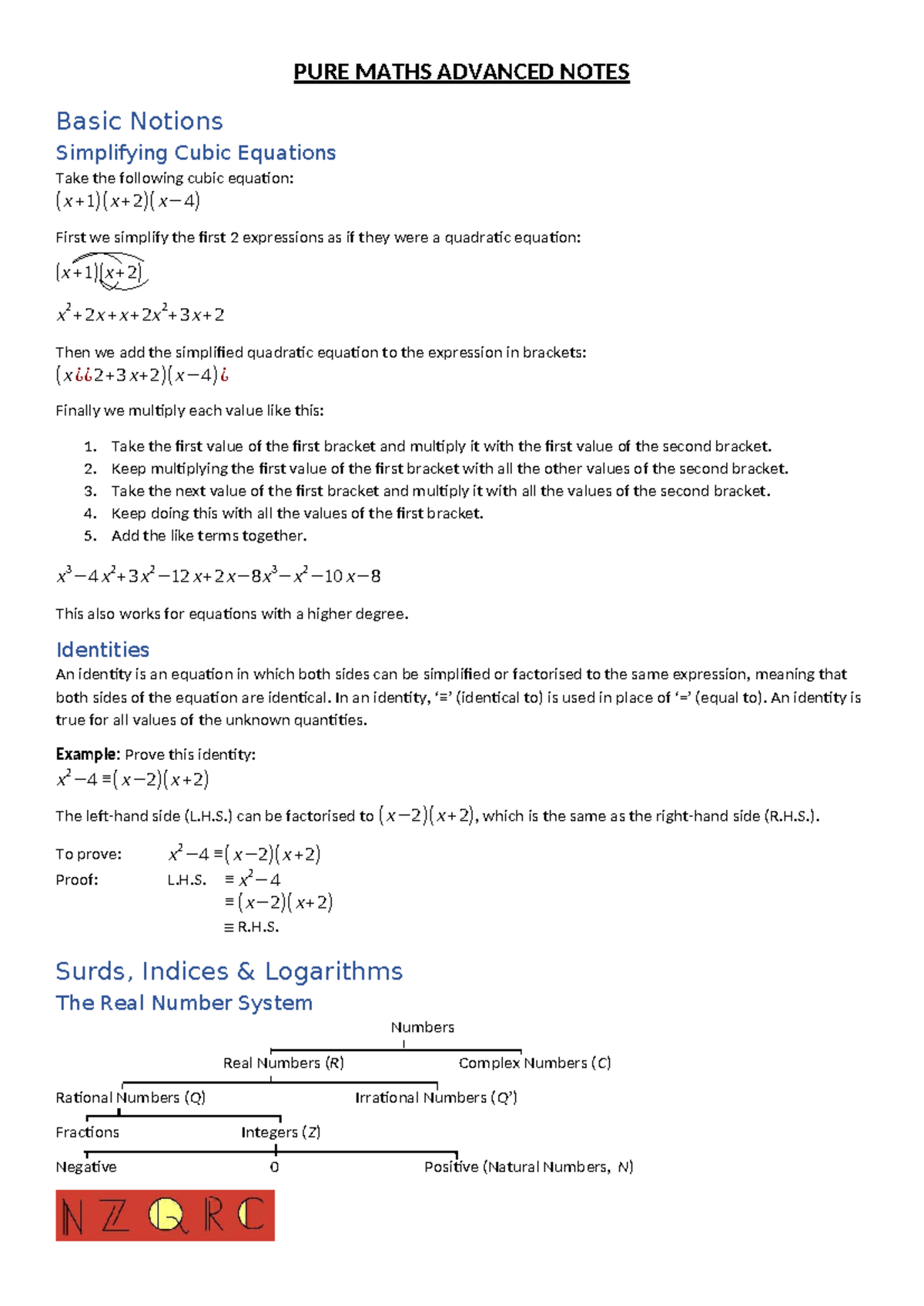 PURE MATHS ADVANCED NOTES: Simplifying Cubic Equations & Identities ...
