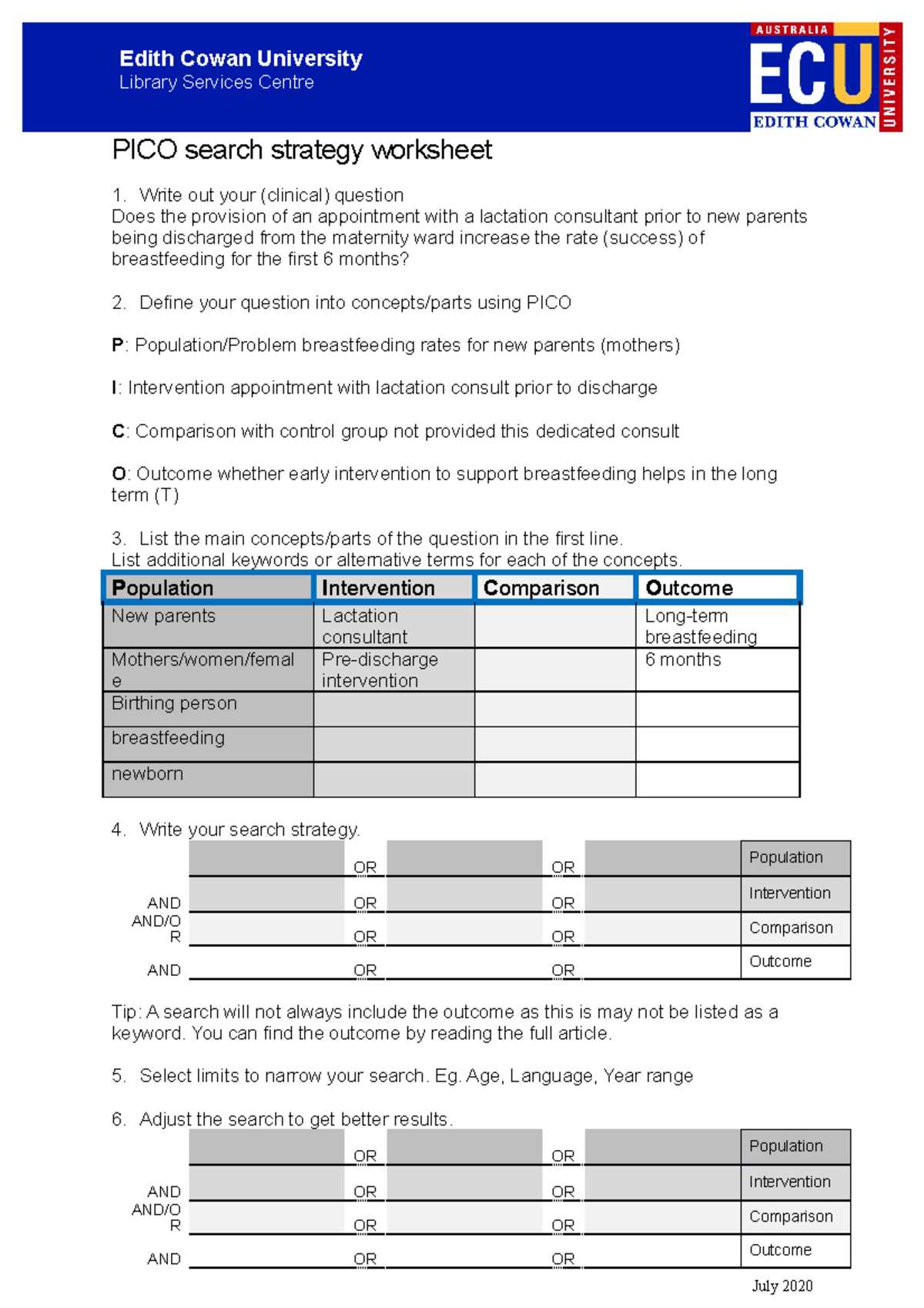 PICO Search Strategy Worksheet for Lactation Consultant Appointment ...