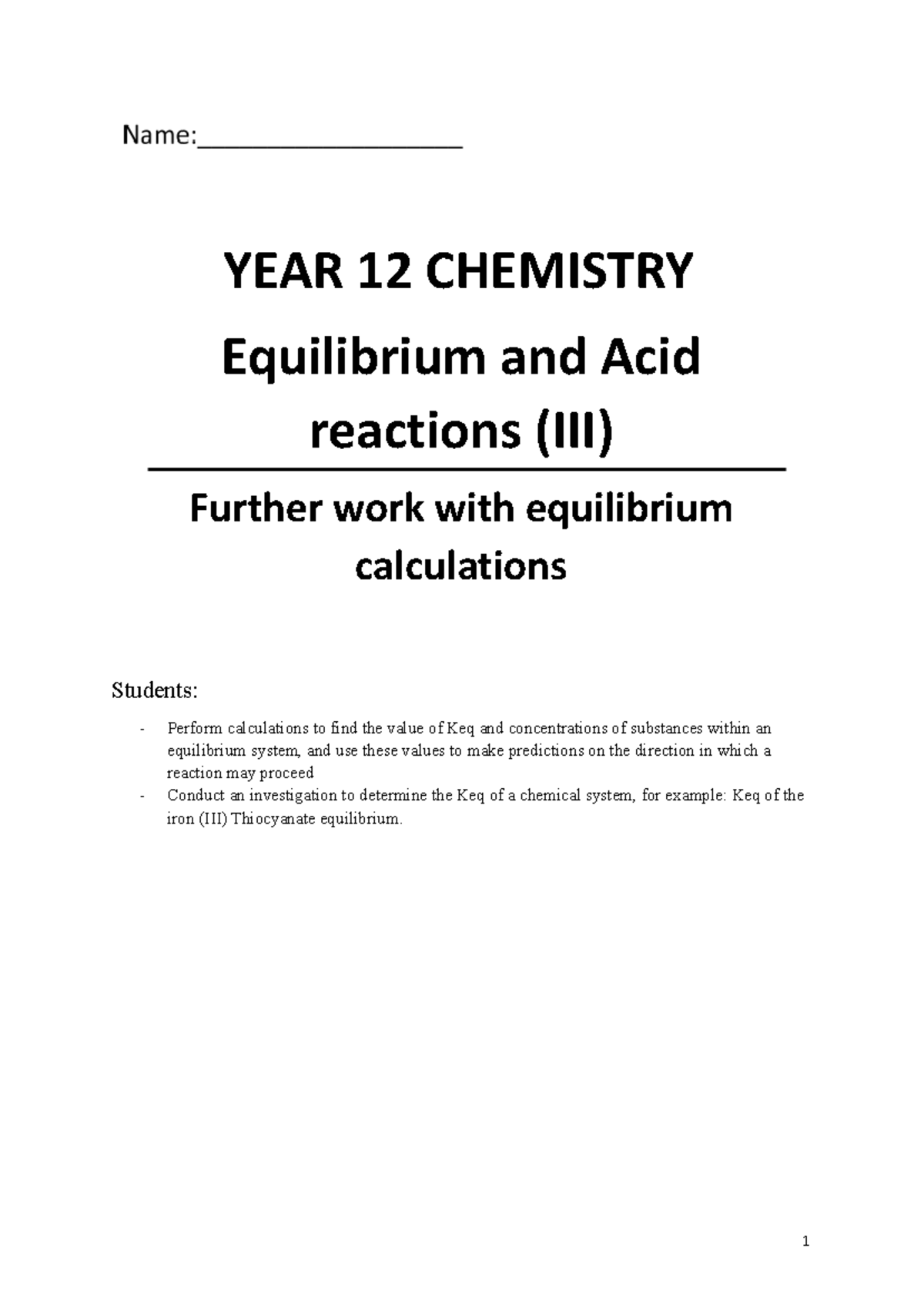 YEAR 12 CHEMISTRY: Equilibrium & Acid Reactions Practical Guide - Studocu