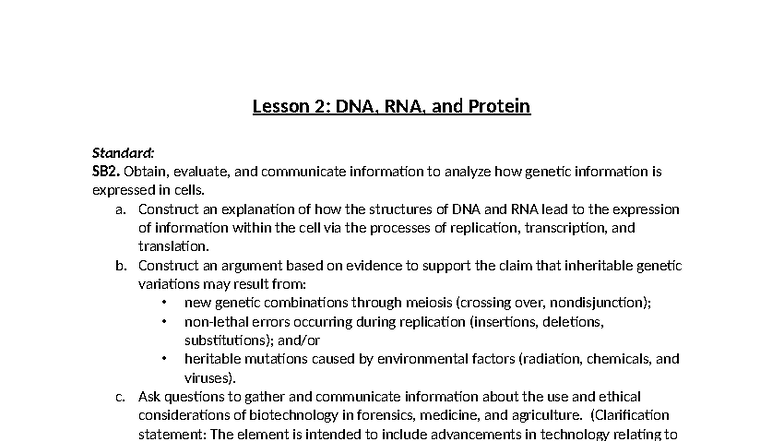 Lesson 2: DNA, RNA, and Protein Overview - SB2 Guided Notes - Studocu