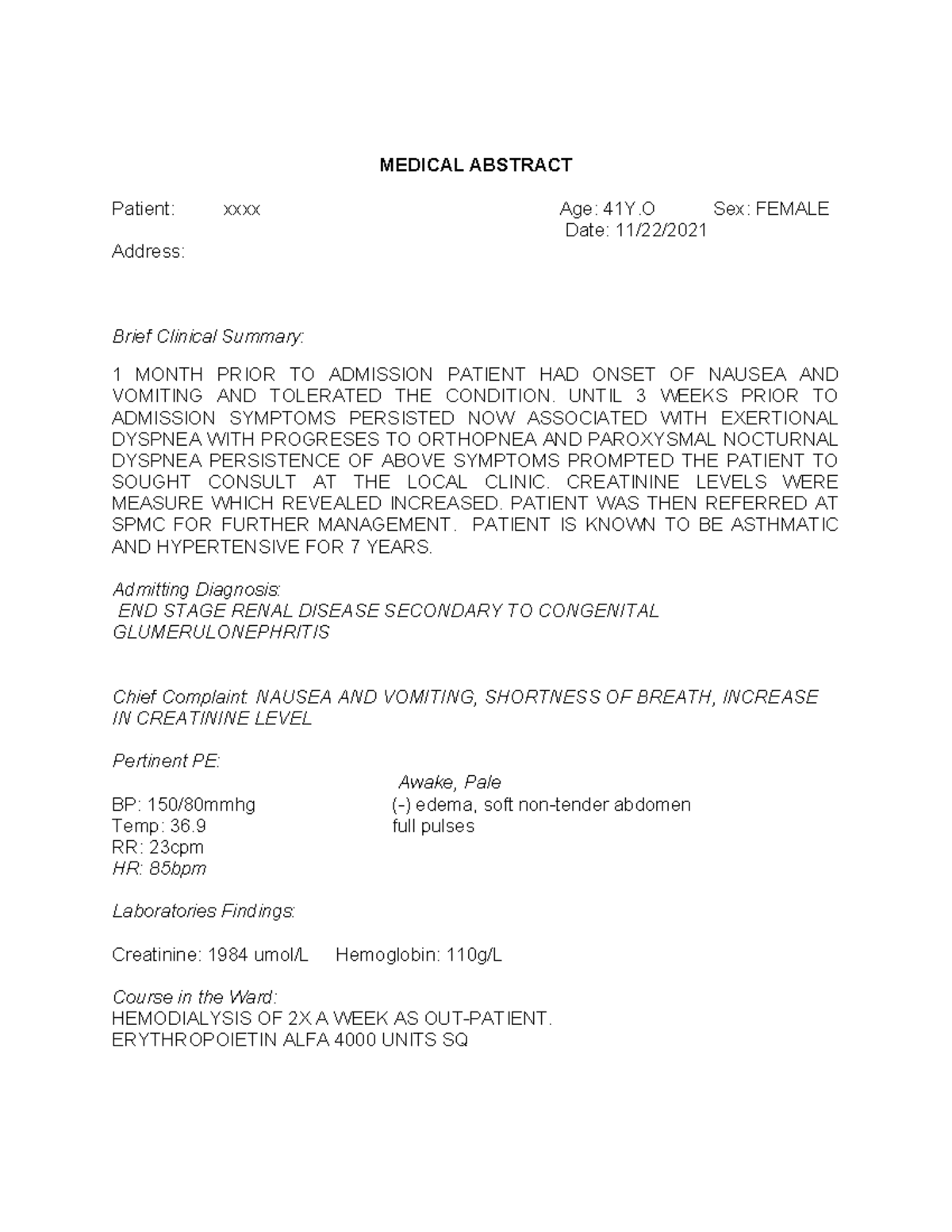 Clinical Abstract: Patient Case of End-Stage Renal Disease - Studocu
