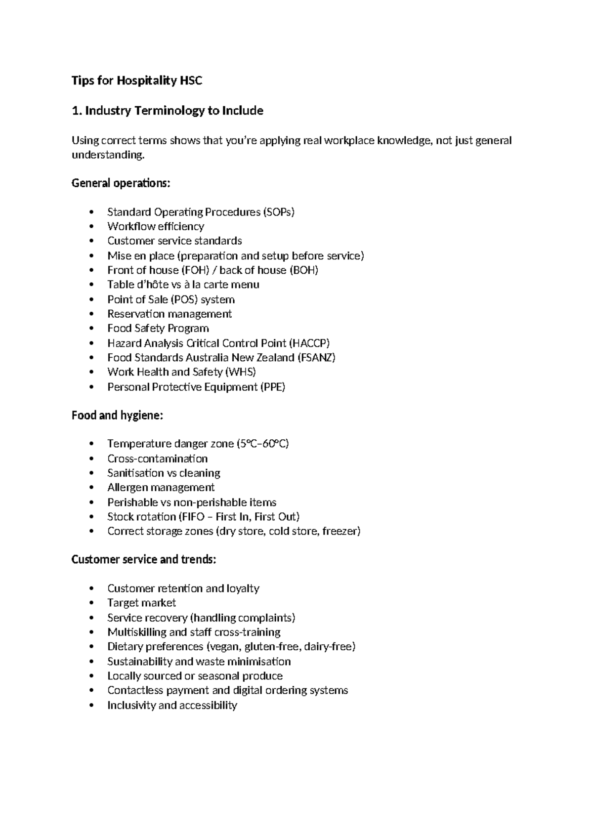 Tips for Hospitality HSC: Key Industry Terminology and Practices - Studocu