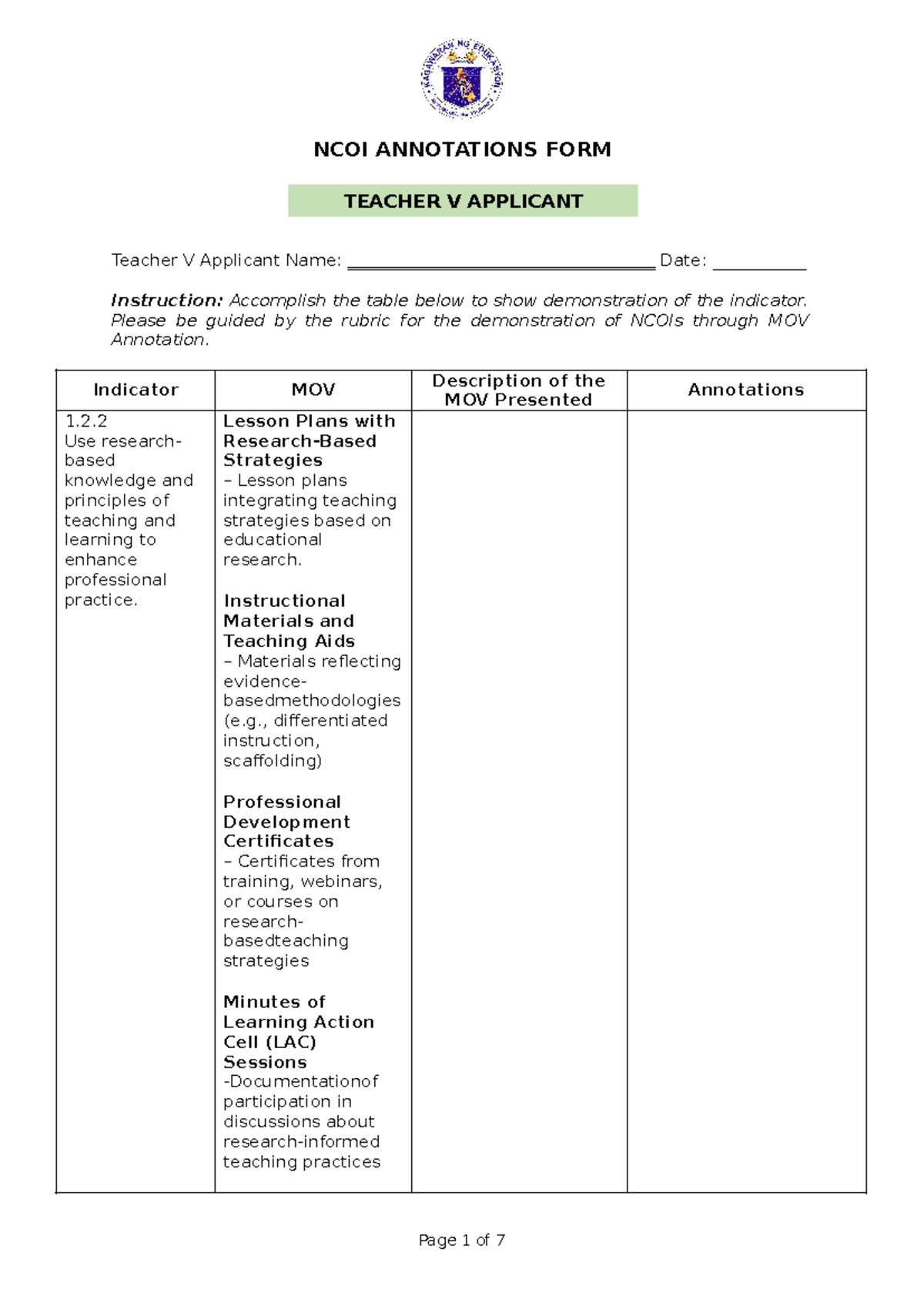 NCOI Annotations Form for Teacher V Applicant Evaluation - Studocu