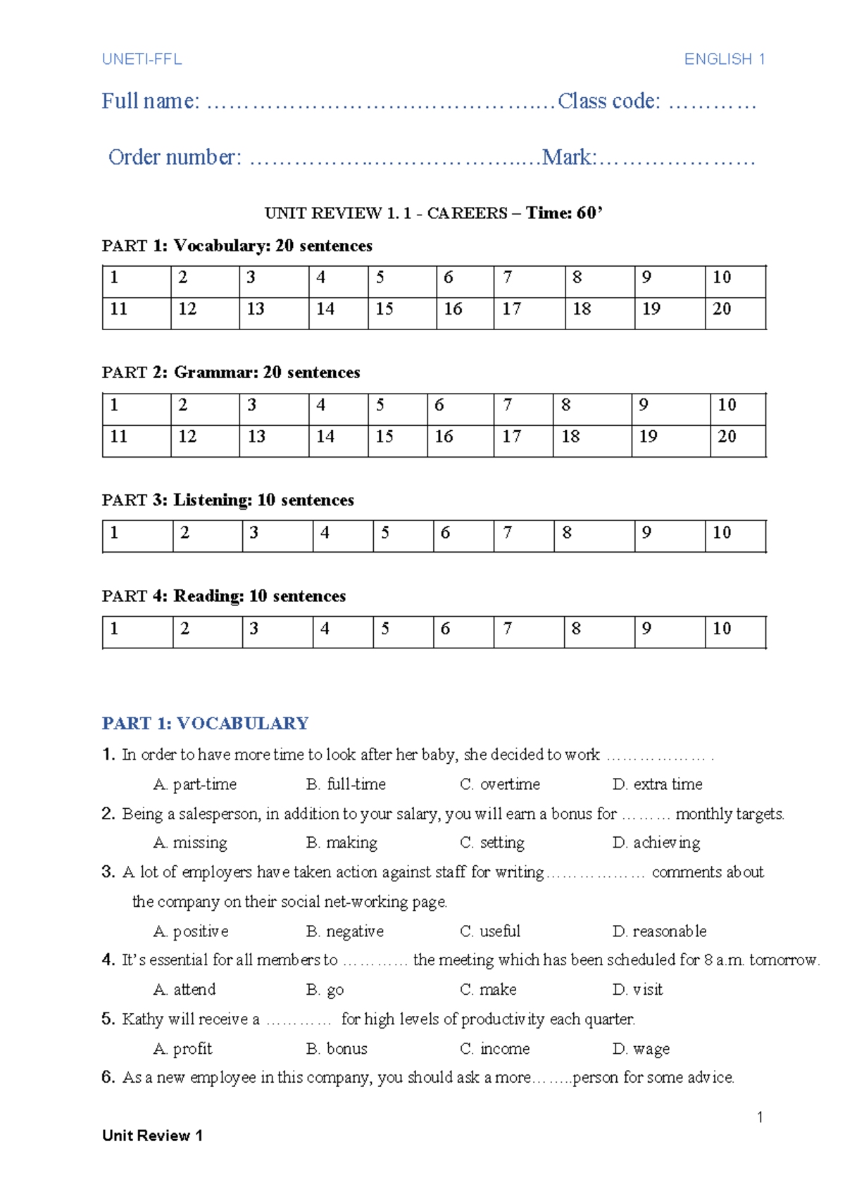 Unit Review 1: Careers Vocabulary, Grammar, Listening, Reading ...