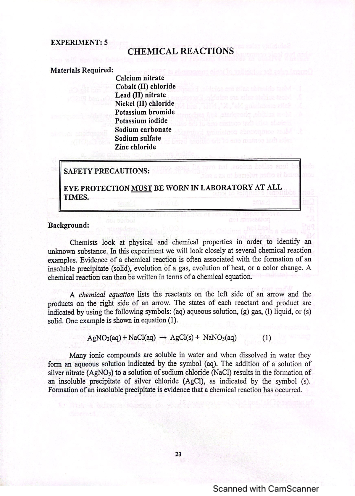 Experiment 5 - lab report - EXPERIMENT: 5 CHEMICAL REACTIONS Materials Required: Calcium nitrate ...