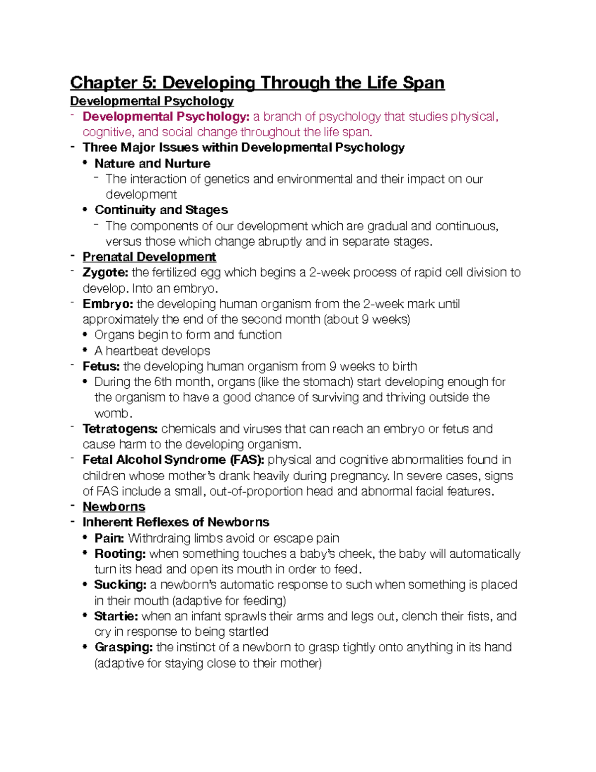 Psych 1305 Chapter 5 Notes: Development Through the Life Span - Studocu