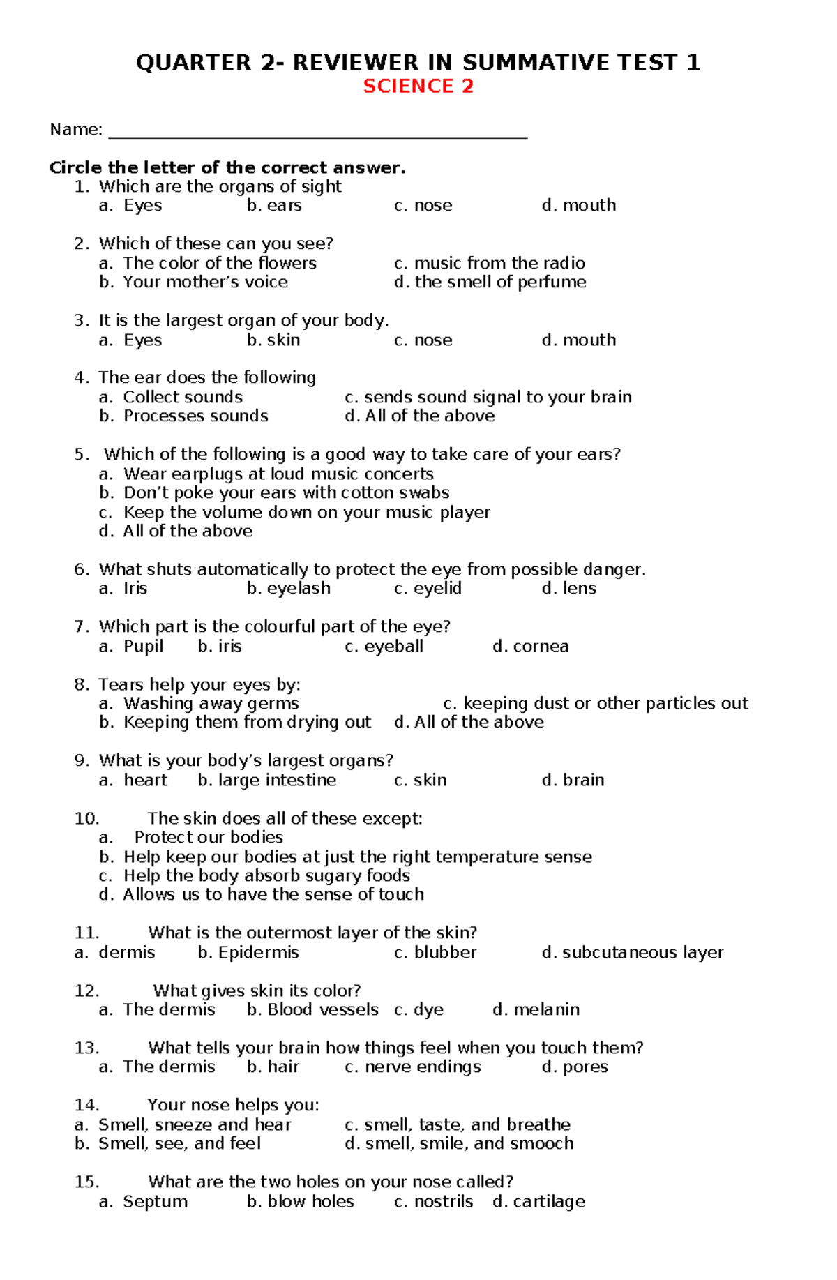 Q2 ST1 Science 2 - Summative Test Reviewer on Sense Organs - Studocu