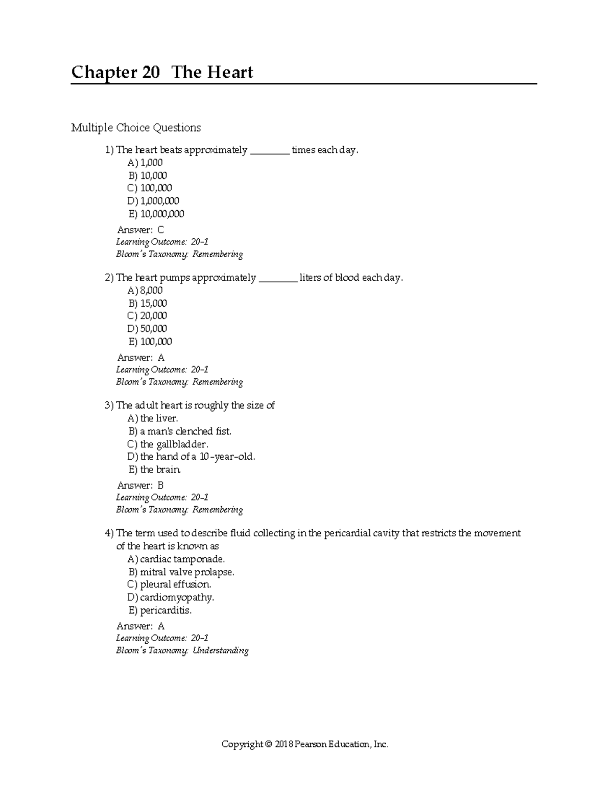 Chapter 20: Heart Multiple Choice Questions & Answers (A&P 11e) - Studocu