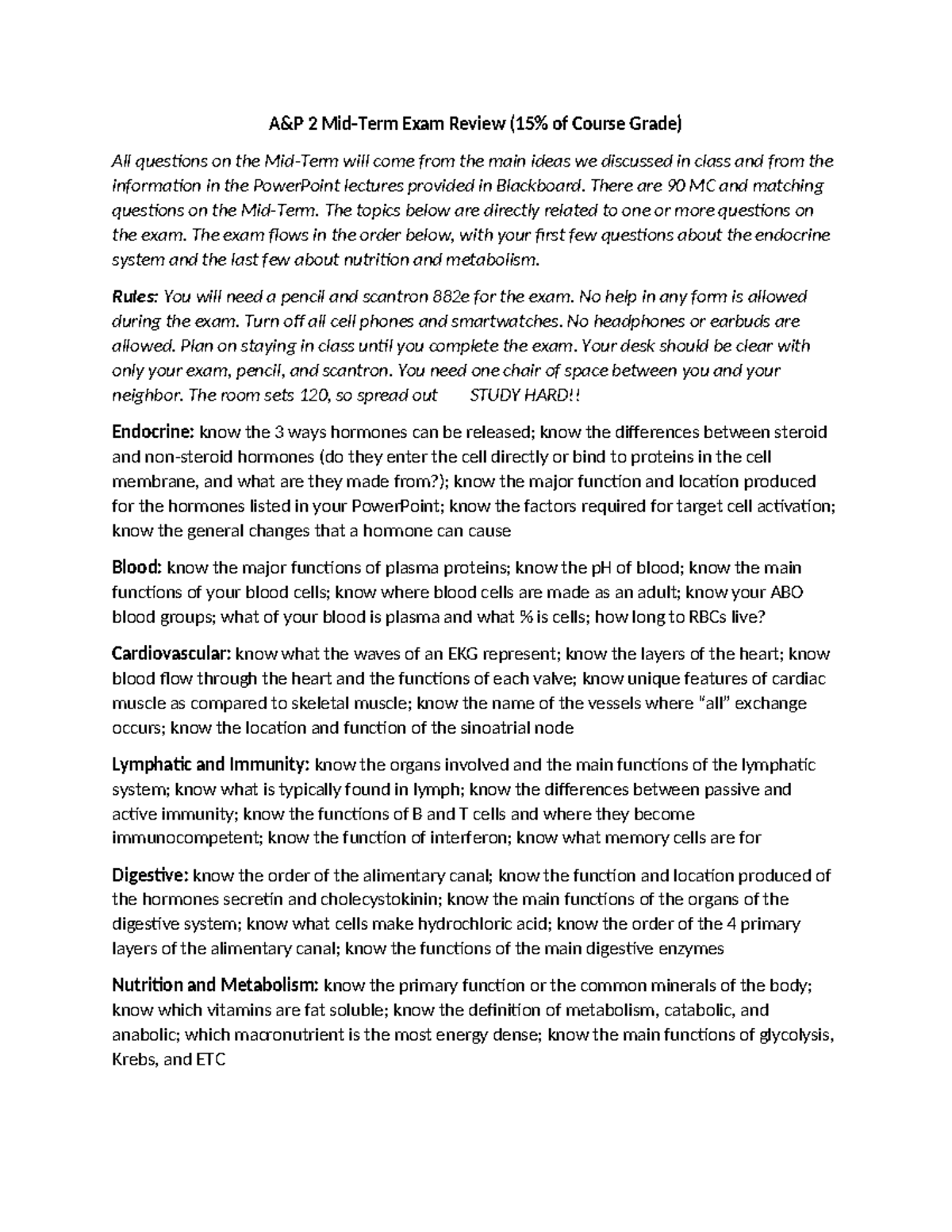 A&P 2 Mid-Term Exam Review - ap222 (90 Questions Covering Key Topics ...