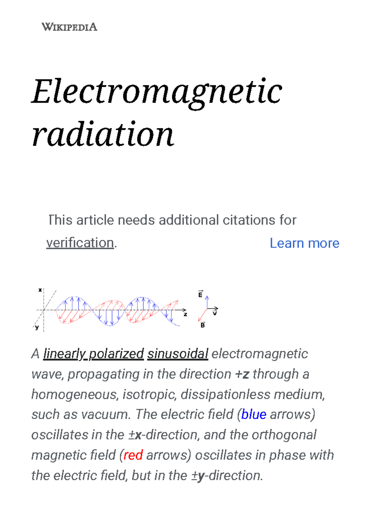 Electromagnetic radiation - Electromagnetic radiation This article needs additional citations ...