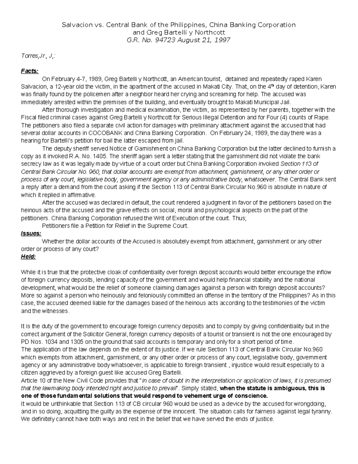 Salvacion vs. Central Bank of the Philippines: Case Analysis G.R. No ...