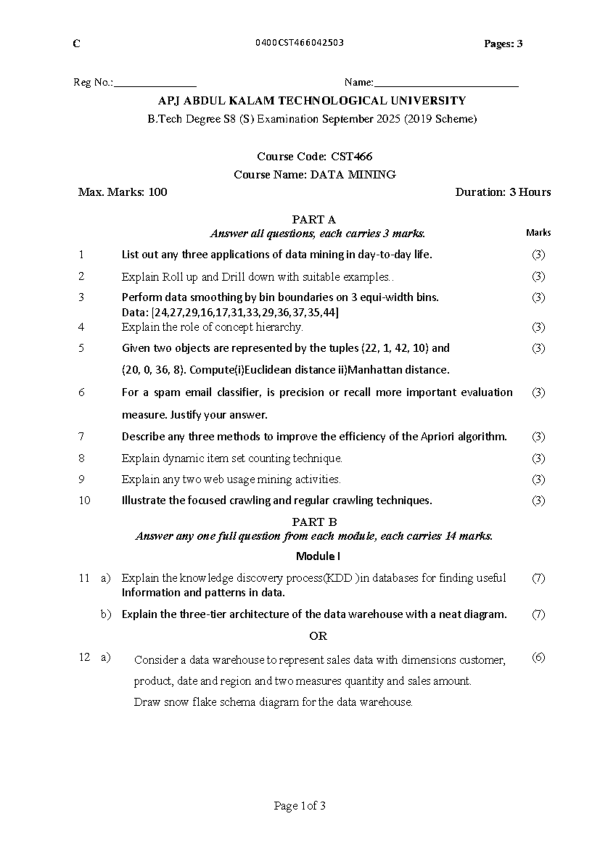 CST466 Data Mining - S8 Exam Question Paper September 2025 - Studocu