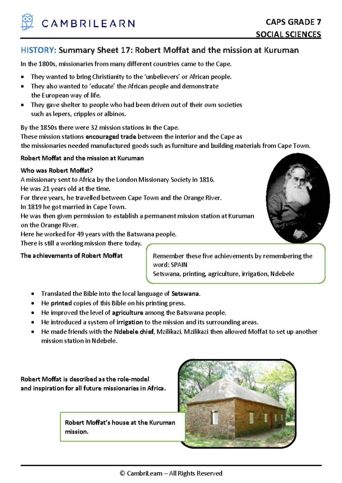 History Summary Sheet 17: Robert Moffat & Mission at Kuruman - Studocu