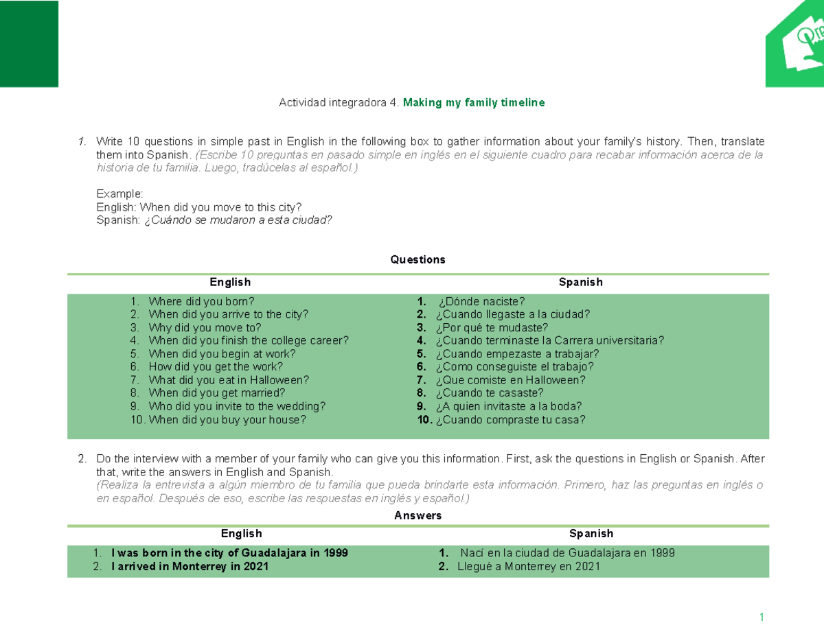 M7S2AI4 Family Timeline Activity - Integrating Customs & Traditions ...
