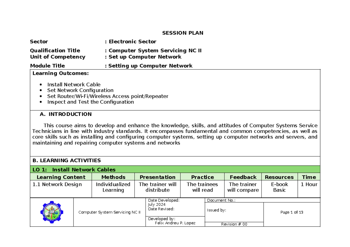 Computer System Servicing CBLM From 1-4 - SESSION PLAN Sector : Electronic Sector Qualification ...