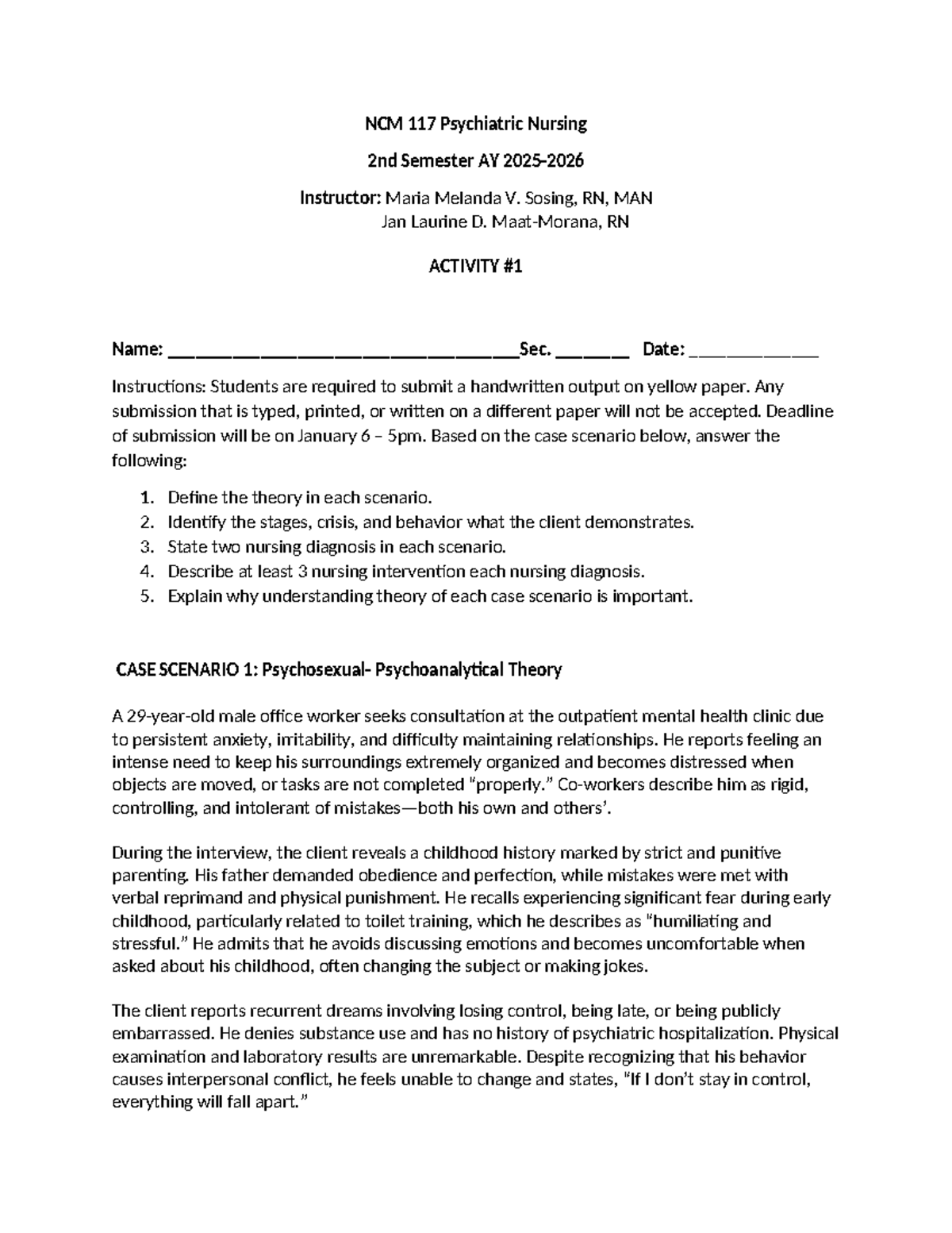 NCM 117 Activity 1: Case Scenarios in Psychiatric Nursing - Studocu