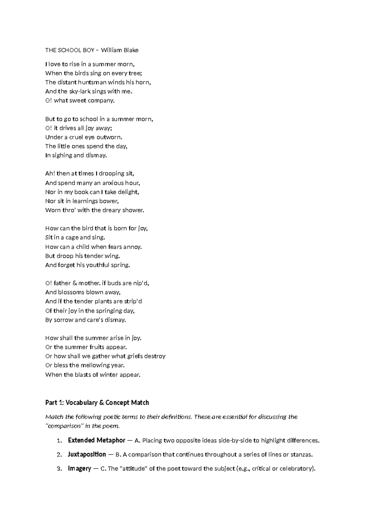 THE SCHOOL BOY by William Blake: Analysis & Vocabulary Guide - Studocu