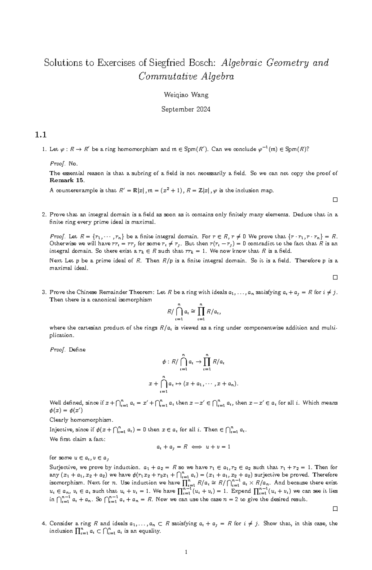 **Title: Solutions to Exercises on Commutative Algebra (MATH 601 ...