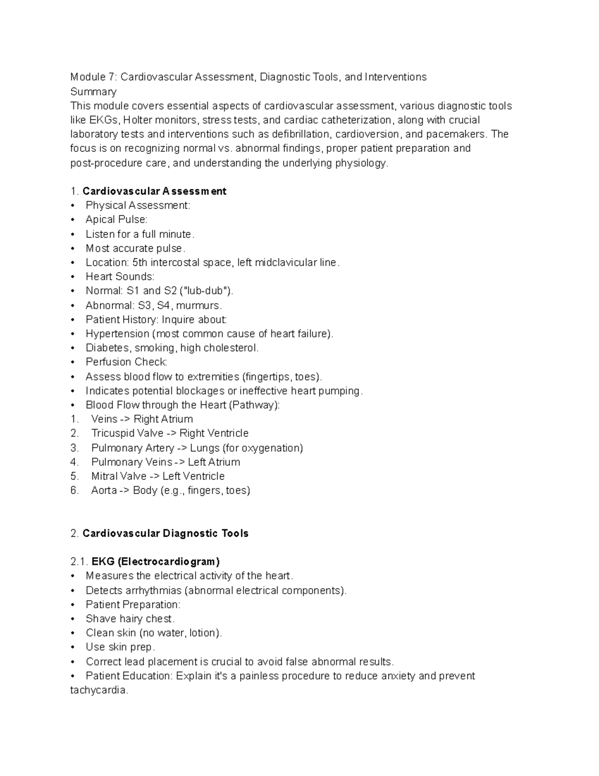 Module 7: Cardiovascular Assessment & Diagnostics - Final Exam Notes ...
