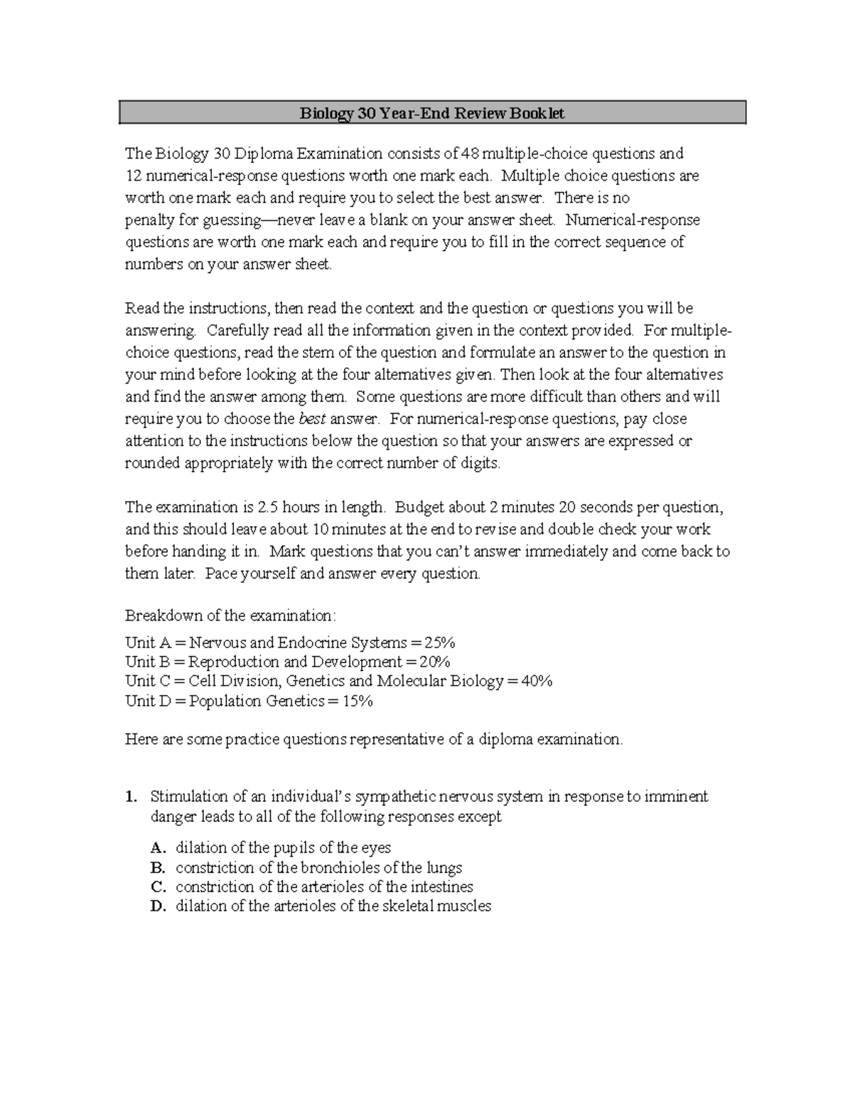 Biology 30 Year-End Review for Diploma Exam Preparation - Studocu
