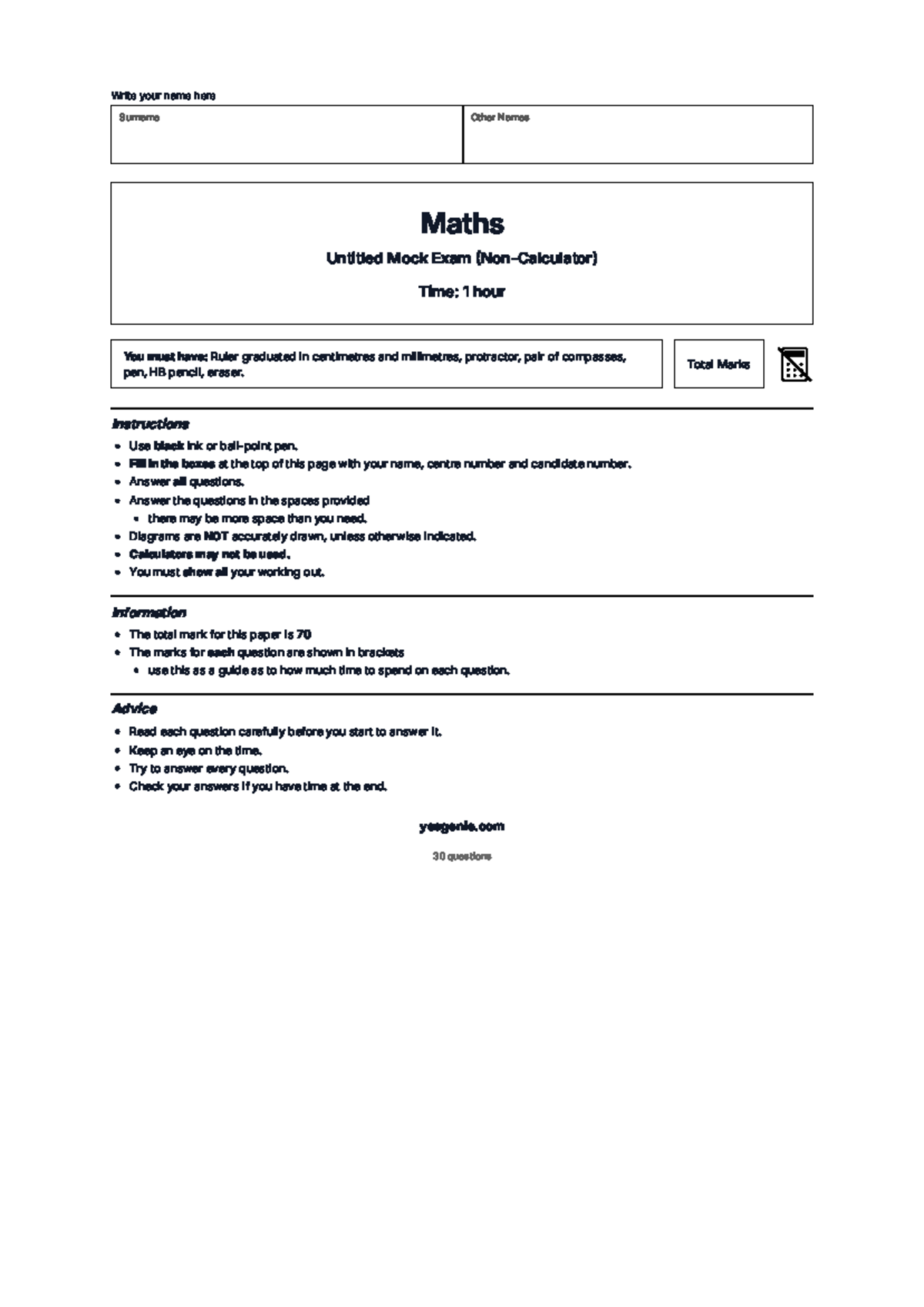 Maths Mock Exam - Untitled (1 Hour) - Total Marks: 70 - Studocu