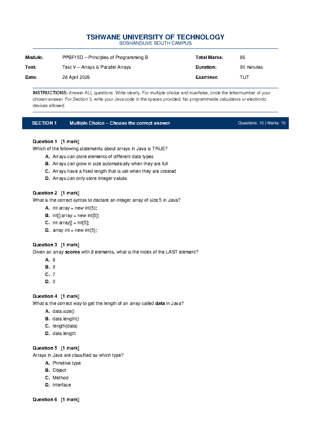 PPBF15D Test V: Arrays & Parallel Arrays Practice Exam - Studocu