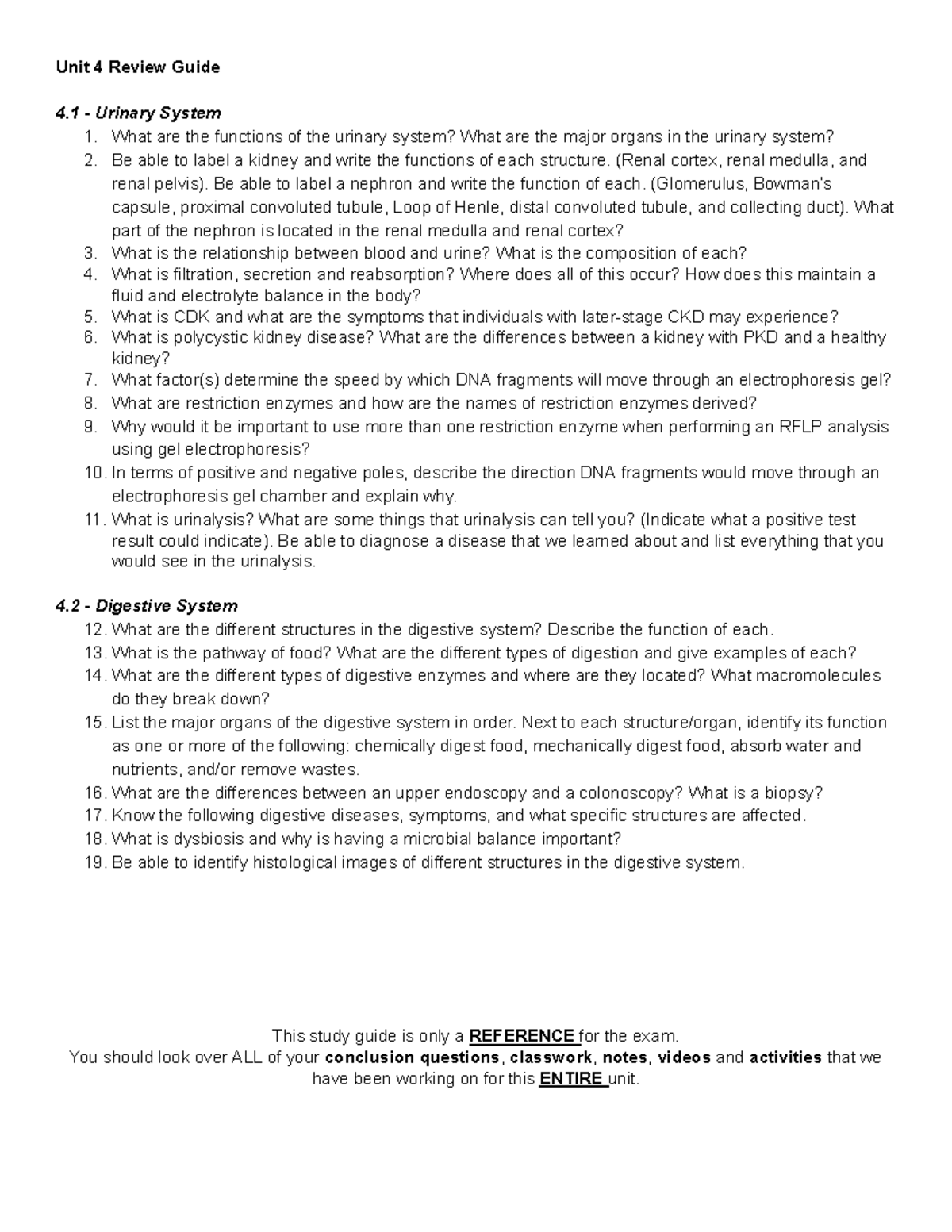 Unit 4 Review Guide: Exam Prep for Urinary & Digestive Systems - Studocu