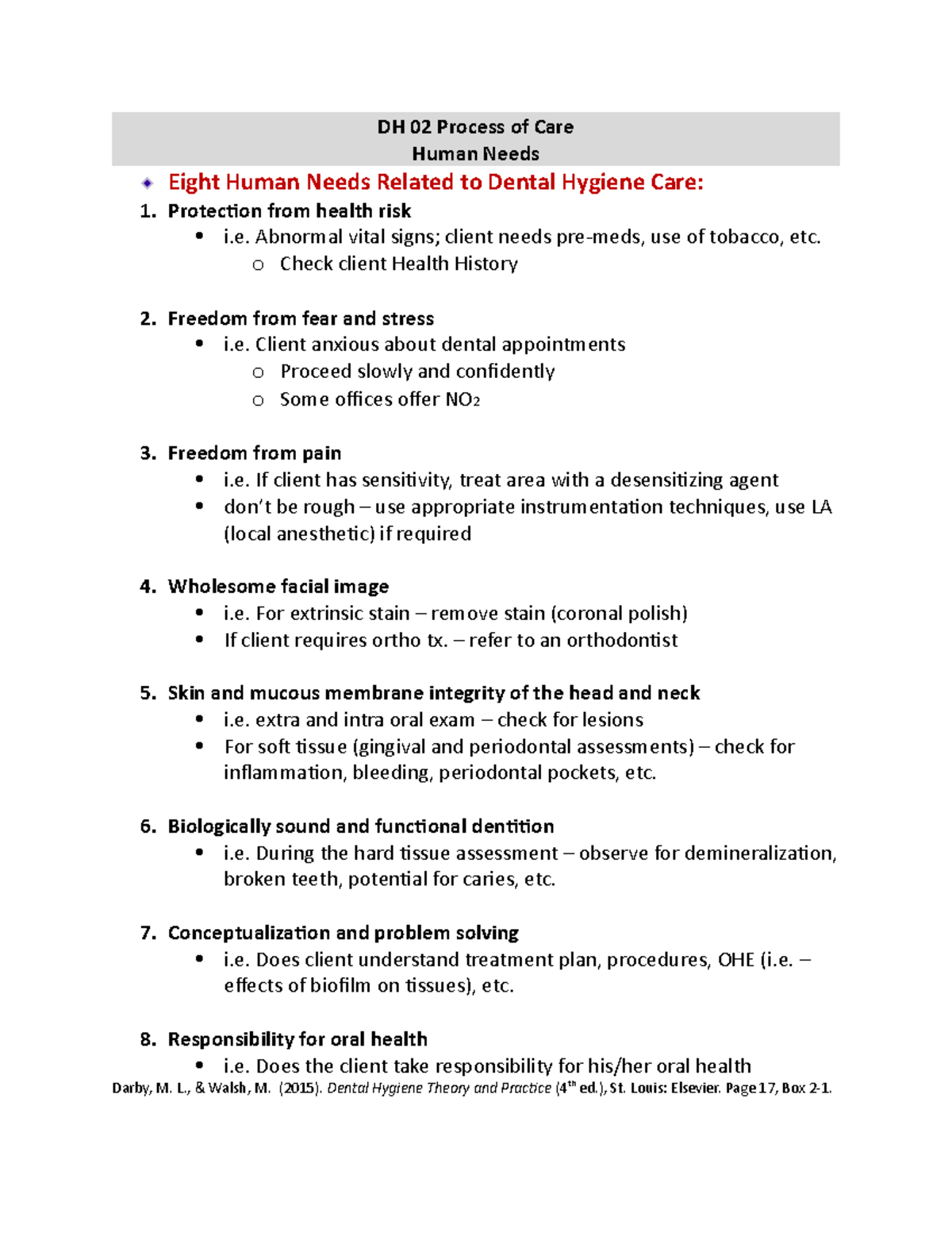 Human Needs: Dental Hygiene Documentation - DH 02 Process of Care Human ...