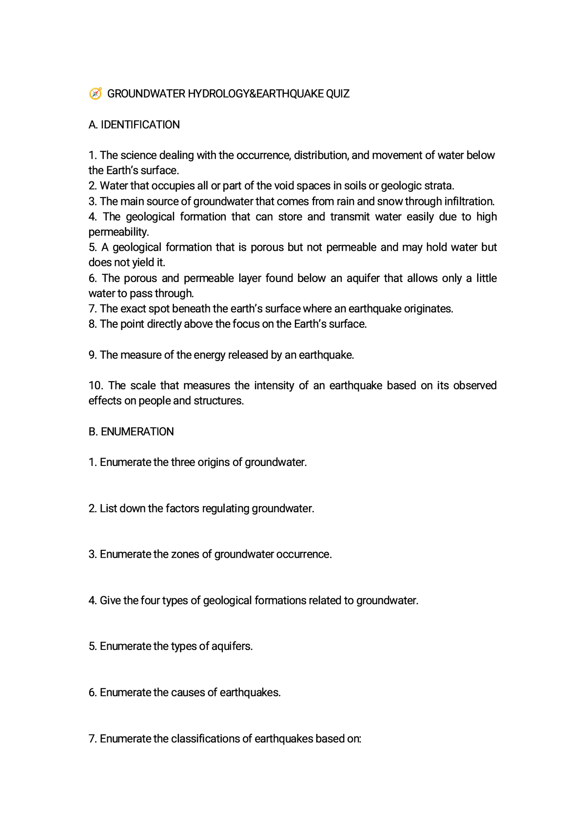 GROUNDWATER QUIZ (GEOL) - Key Concepts & Definitions - Studocu