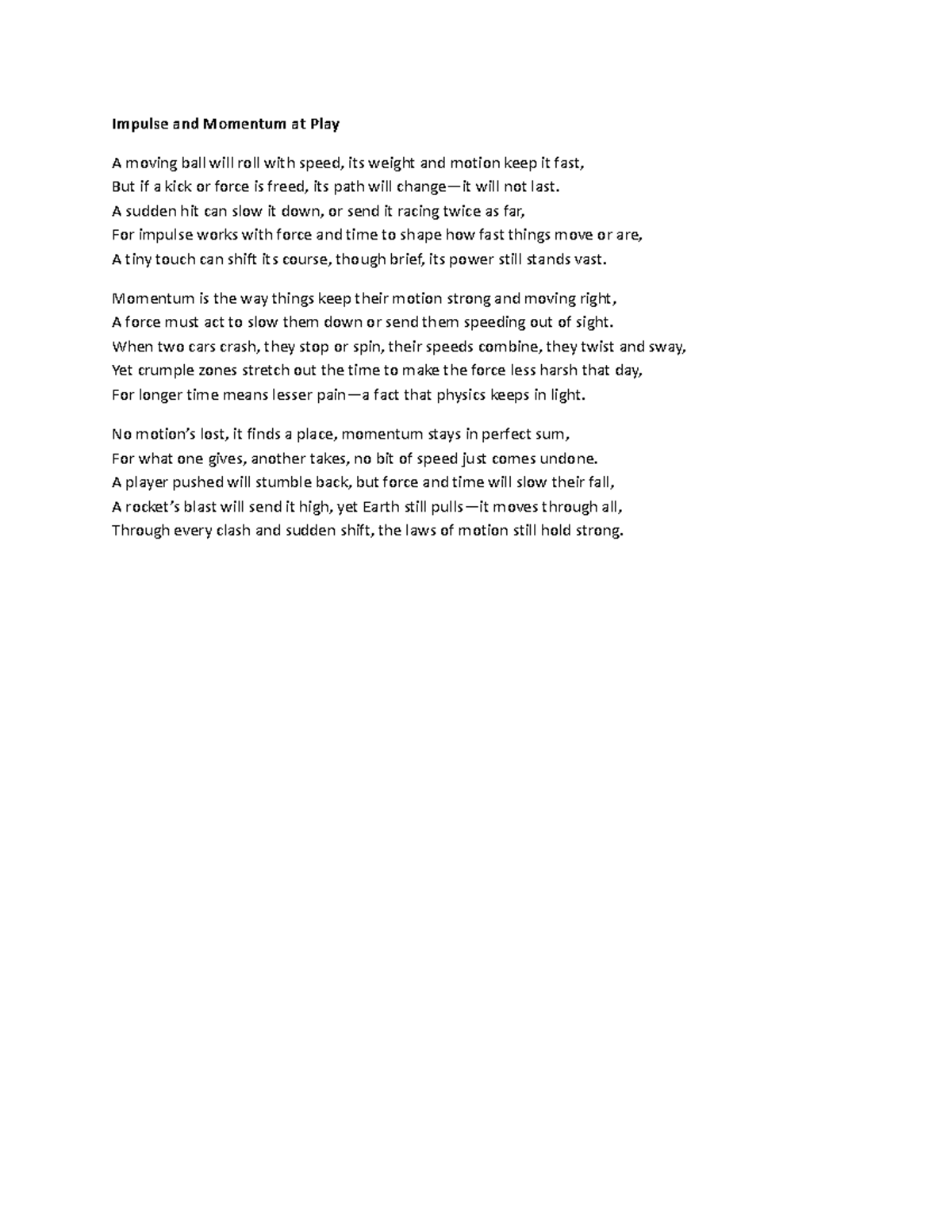 Impulse AND Momentum Poem - Impulse and Momentum at Play A moving ball ...