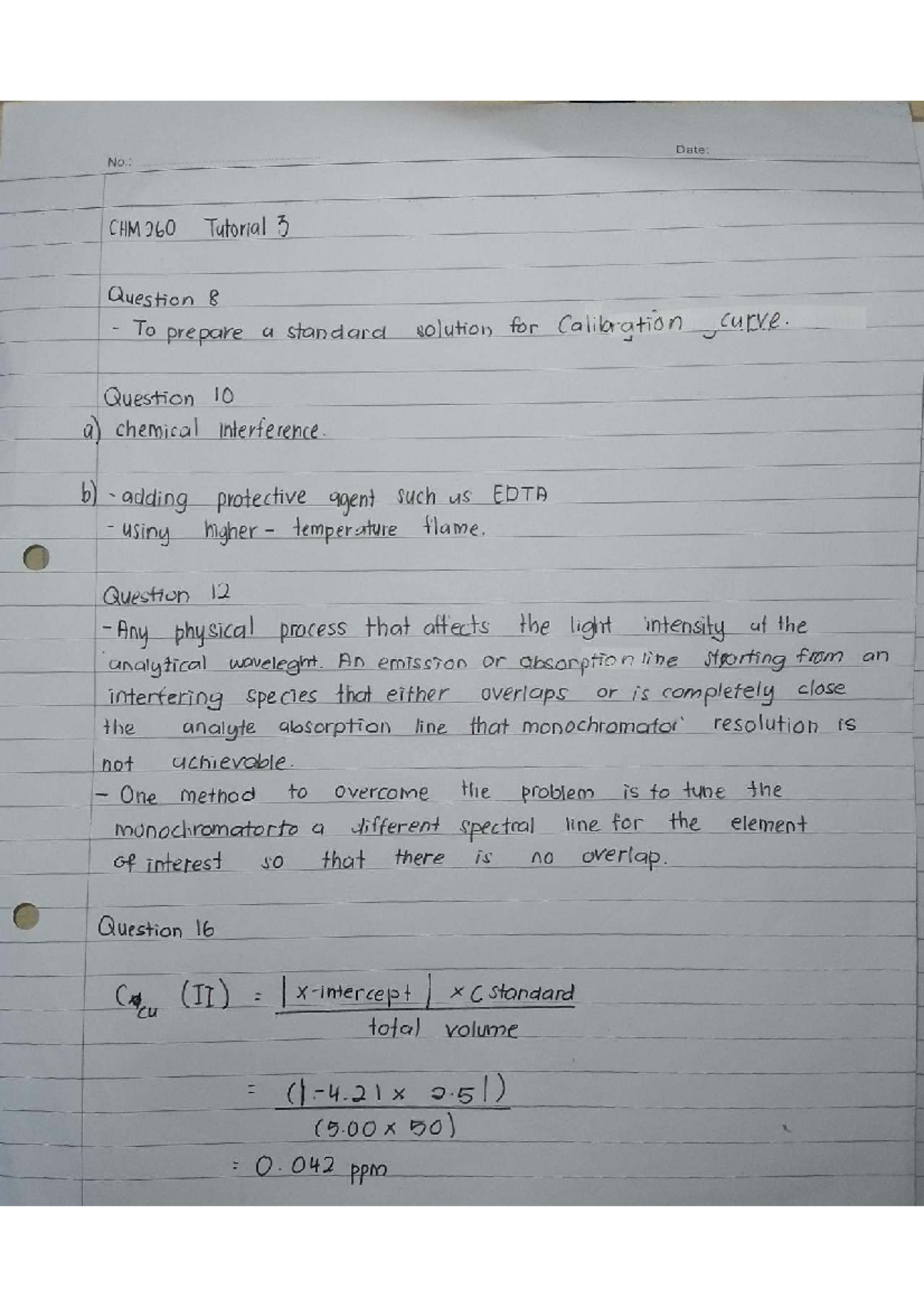 CHM260 Tutorial chapter 3 - Date: No.: CHM 260 Tutorial 3 Question 8 To ...