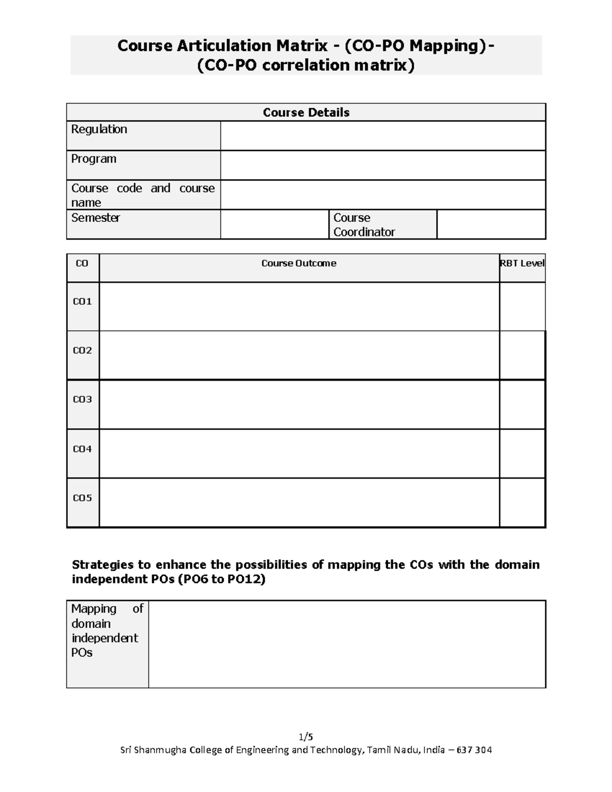 1-CO-PO Mapping: Optimal Template for Course Outcomes Analysis - Studocu