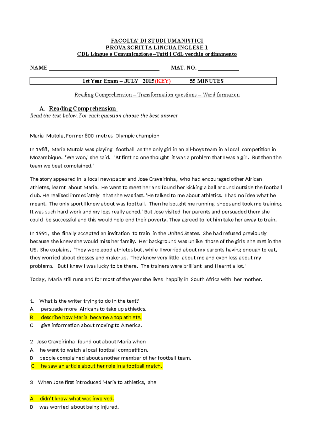 Reading Comprehension T1 September 2015 Key: Maria Mutola Insights ...