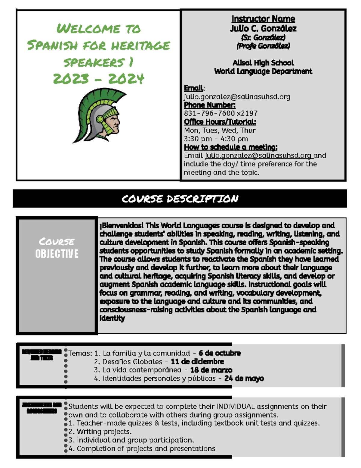 Spanish for Heritage Speakers 1 Syllabus 2023-2024 - Sr. González - Studocu