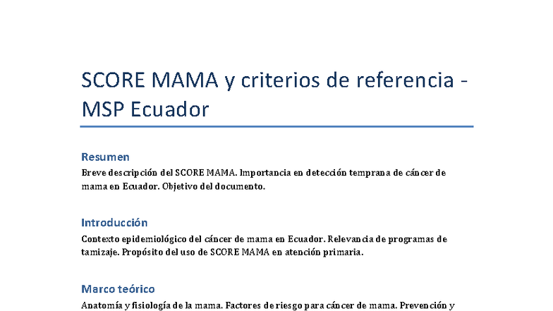SCORE MAMA y Criterios de Referencia MSP Ecuador: Detección Temprana de ...